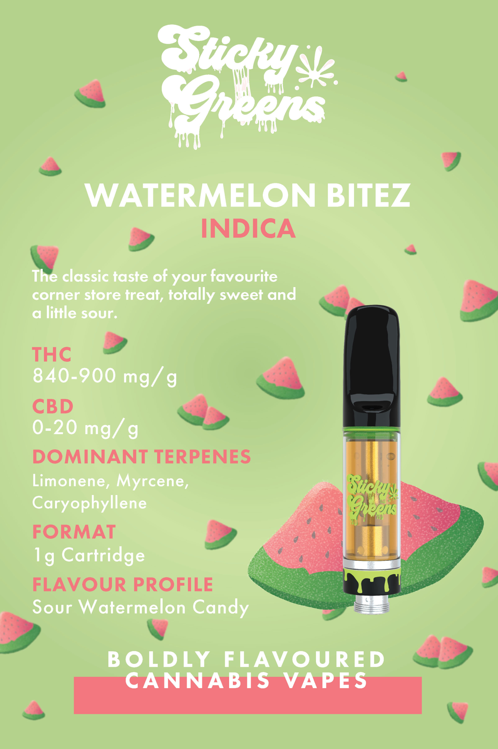 Sticky Greens – Watermelon Bitez 510 Vape Cart – Up In Sky Cannabis ...